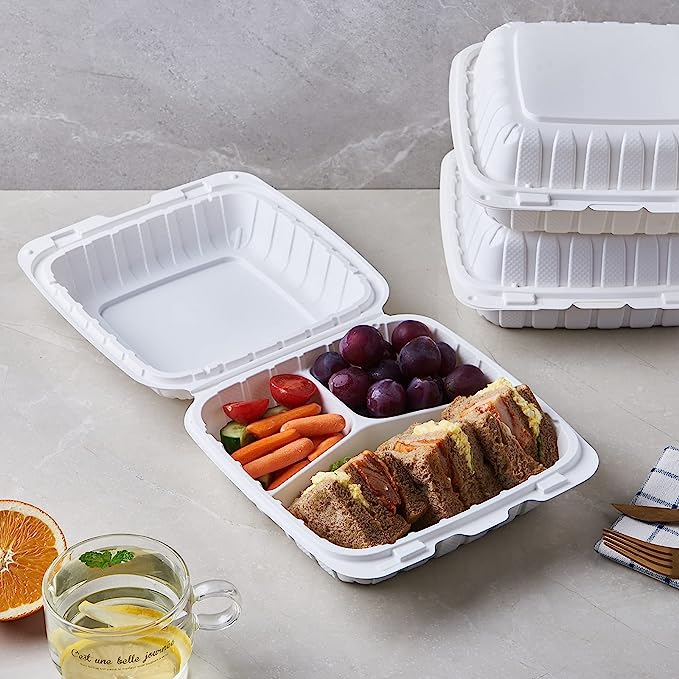CIAO! 8"x8"x3" MFPP White Hinged Container With Lid 3 Compartment (Cas ...