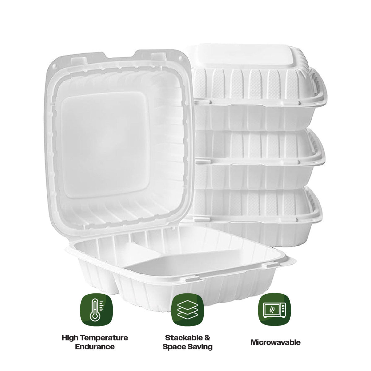 CIAO! 8"x8"x3" MFPP White Hinged Container With Lid 3 Compartment (Cas ...