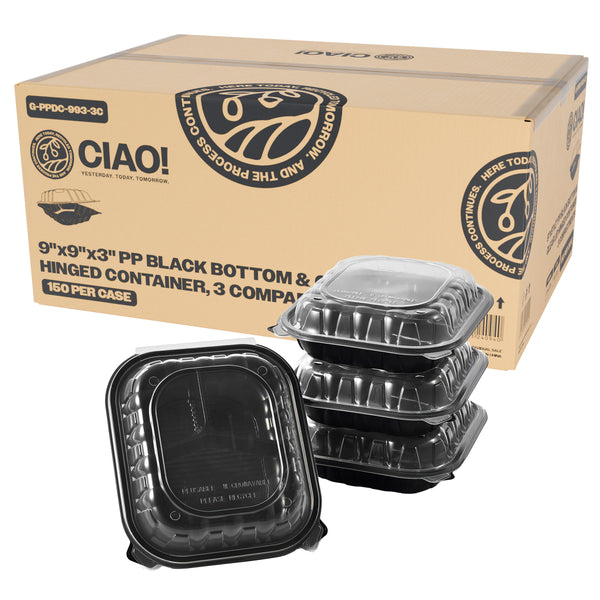 9" Hinged Lid with 3 Compartment Containers - Black